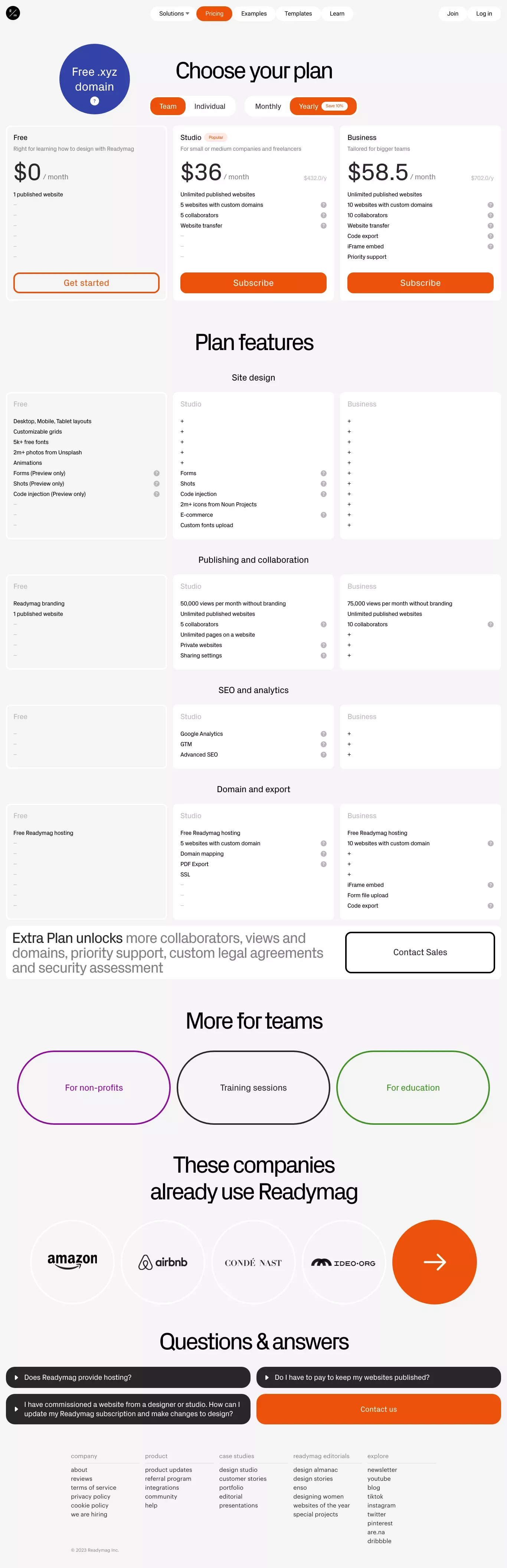 Readymag pricing and plans on Land-book - get inspired by pricing design and more