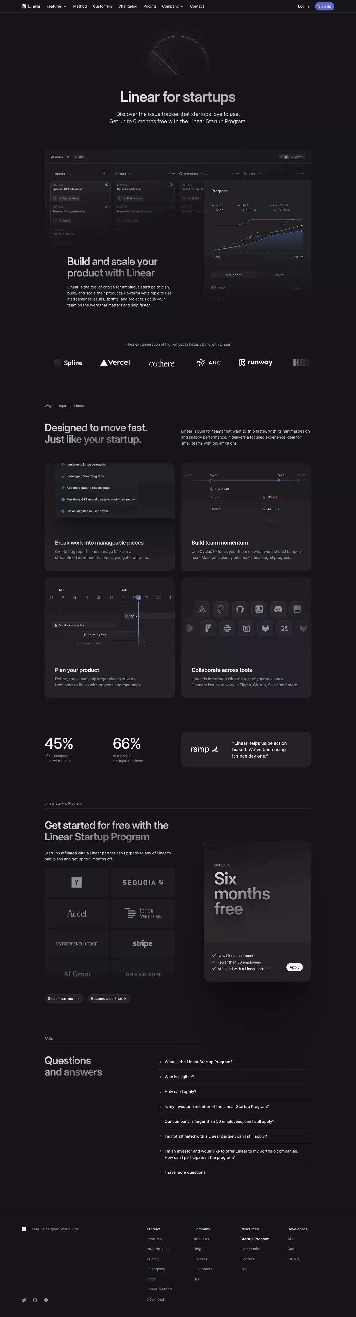 Linear for Startups – Linear on Landbook - get inspired by landing ...