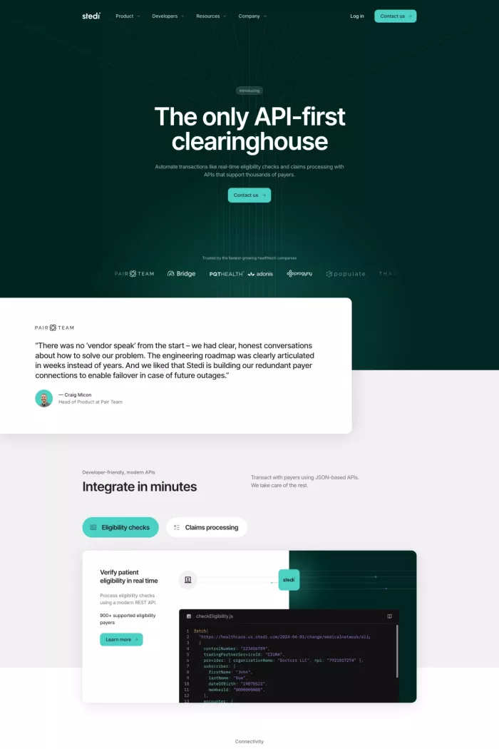 Stedi - The only API-first clearinghouse on Landbook - get inspired by landing design and more