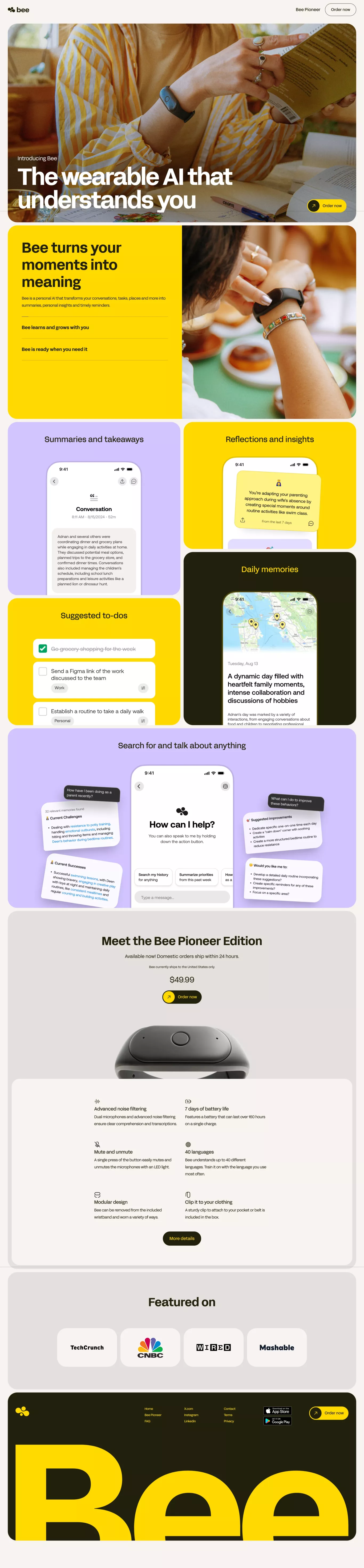 Bee - Your new wearable personal AI on Landbook - get inspired by landing design and more