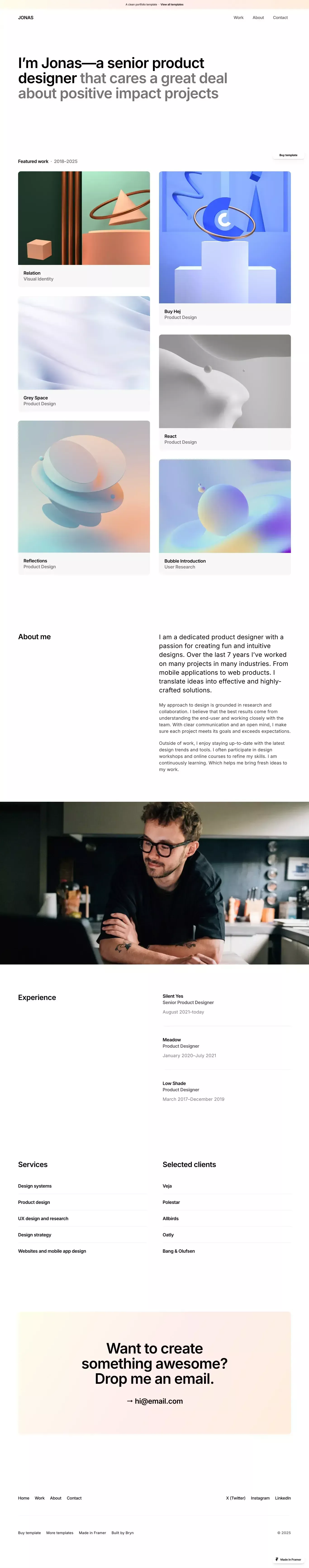 Jonas - Portfolio Template for Framer on Landbook - get inspired by template design and more