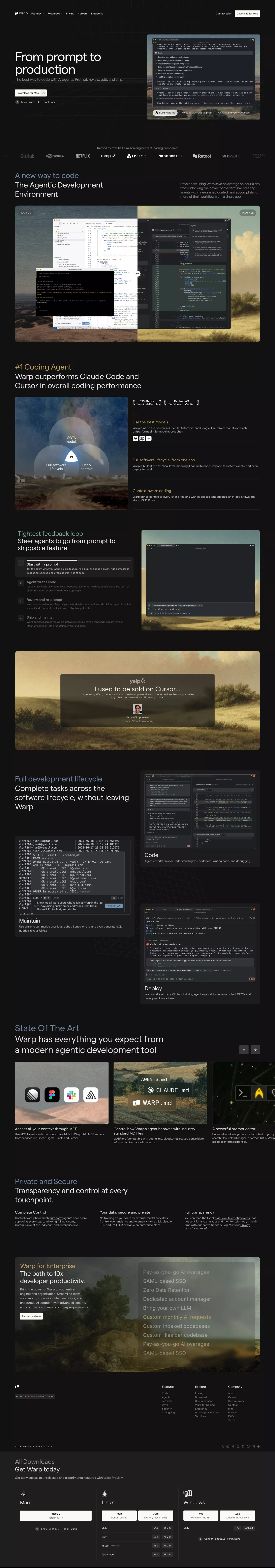 Warp: The Agentic Development Environment on Landbook - get inspired by landing design and more