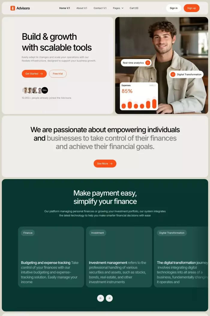 Advisora - Webflow Ecommerce website template on Landbook - get inspired by template design and more