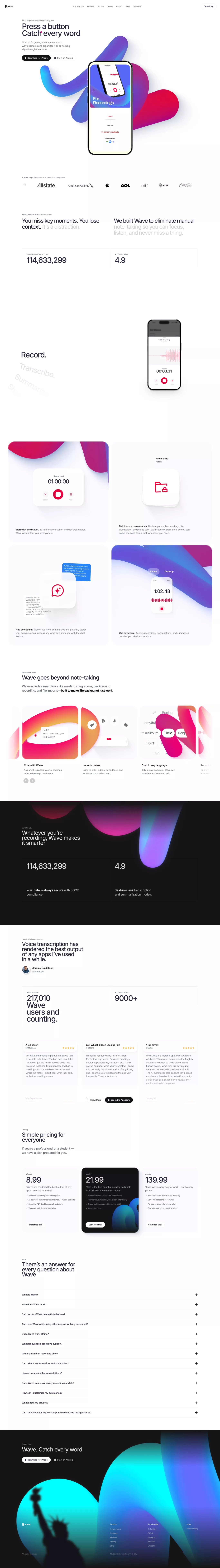 Wave - AI Note Taker on Landbook - get inspired by landing design and more
